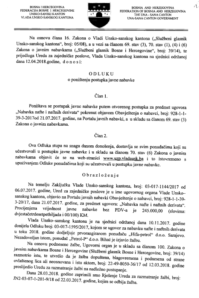 Odluka o poništenju postupka javne nabavke - VLADA USK