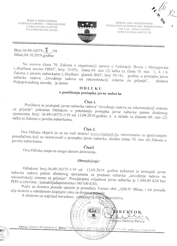 Odluka o poništenju postupka javne nabavke - VLADA USK