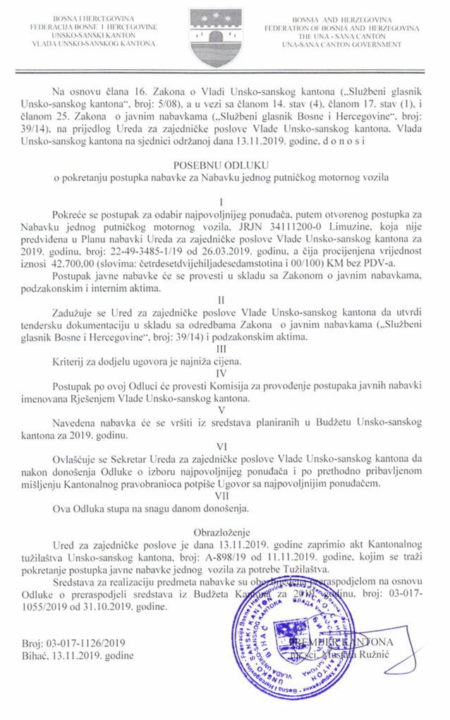 Posebna odluka o pokretanju postupka nabavke za Nabavku jednog ...