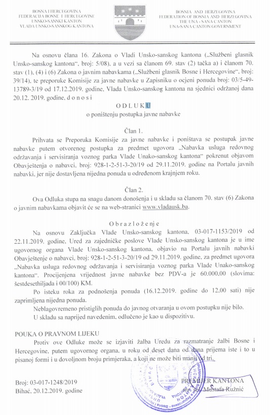 Odluka o poništenju postupka javne nabavke - VLADA USK