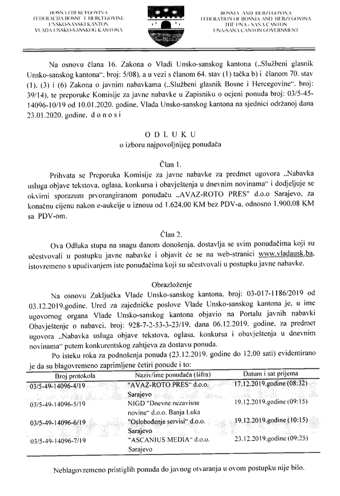 Odluka o izboru najpovoljnijeg ponuđača - VLADA USK