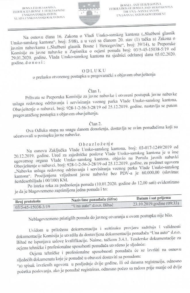 Odluka o prelasku otvorenog postupka u pregovarački s objavom ...