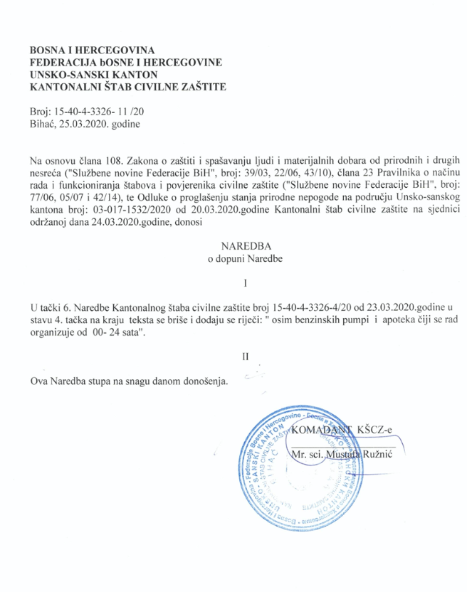 Naredba o dopuni Naredbe Kantonalnog štaba civilne zaštite - VLADA USK