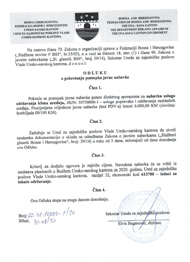 Odluka o pokretanju postupka javne nabavke - VLADA USK