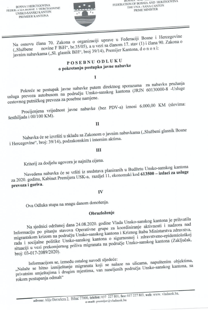 Posebna odluka o pokretanju postupka javne nabavke - VLADA USK