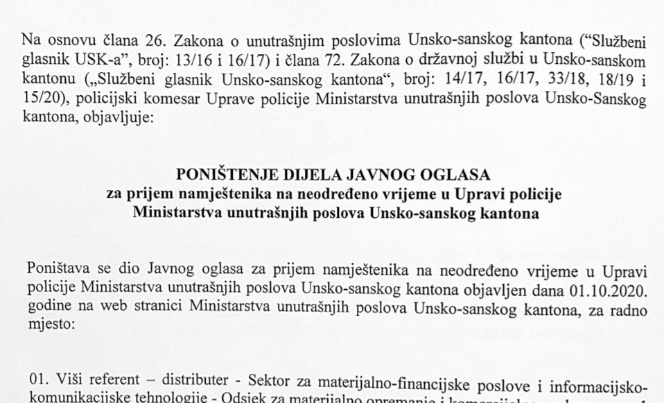 PONIÅ TENJE DIJELA JAVNOG OGLASA za prijem namještenika na neodređeno ...