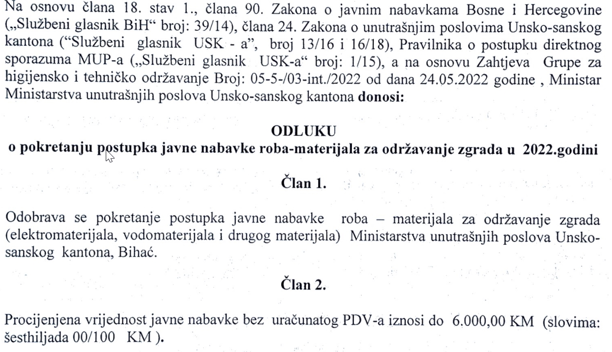 Odluka o pokretanju postupka javne nabavke roba-materijala za ...
