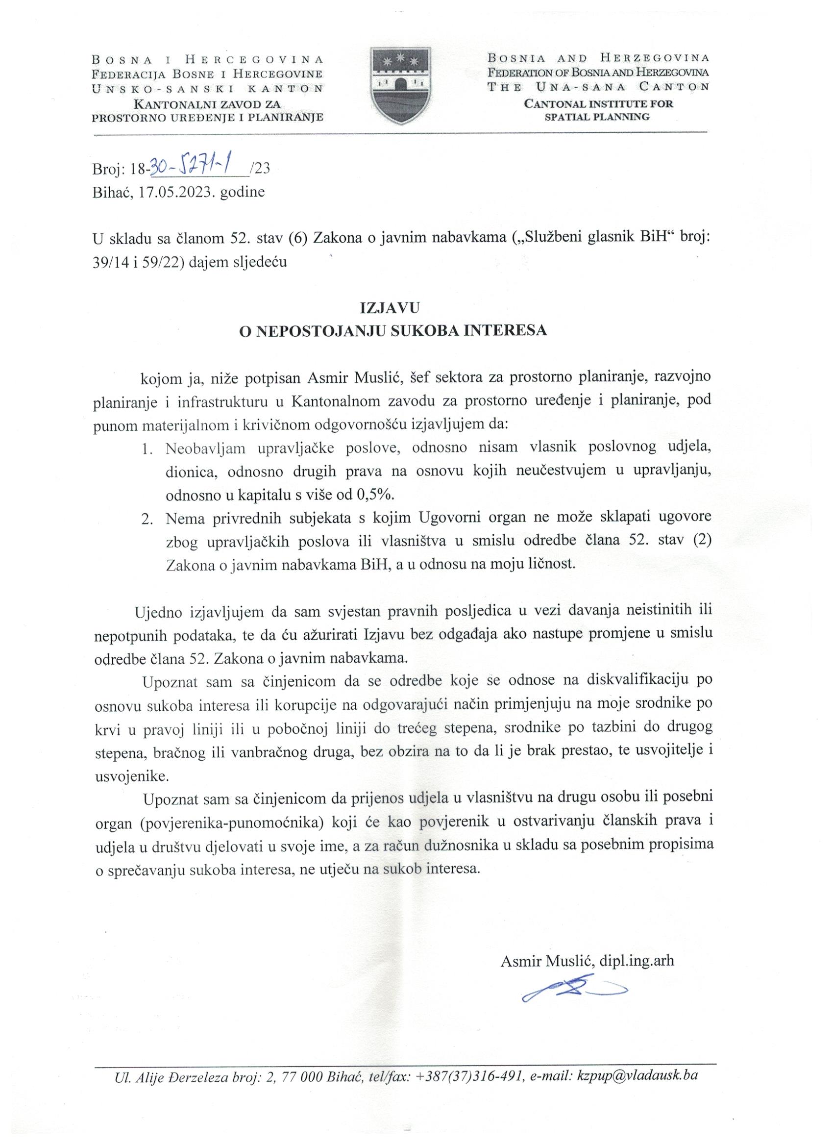 Izjava o nepostojanju sukoba interesa (Kantonalni zavod za prostorno ...