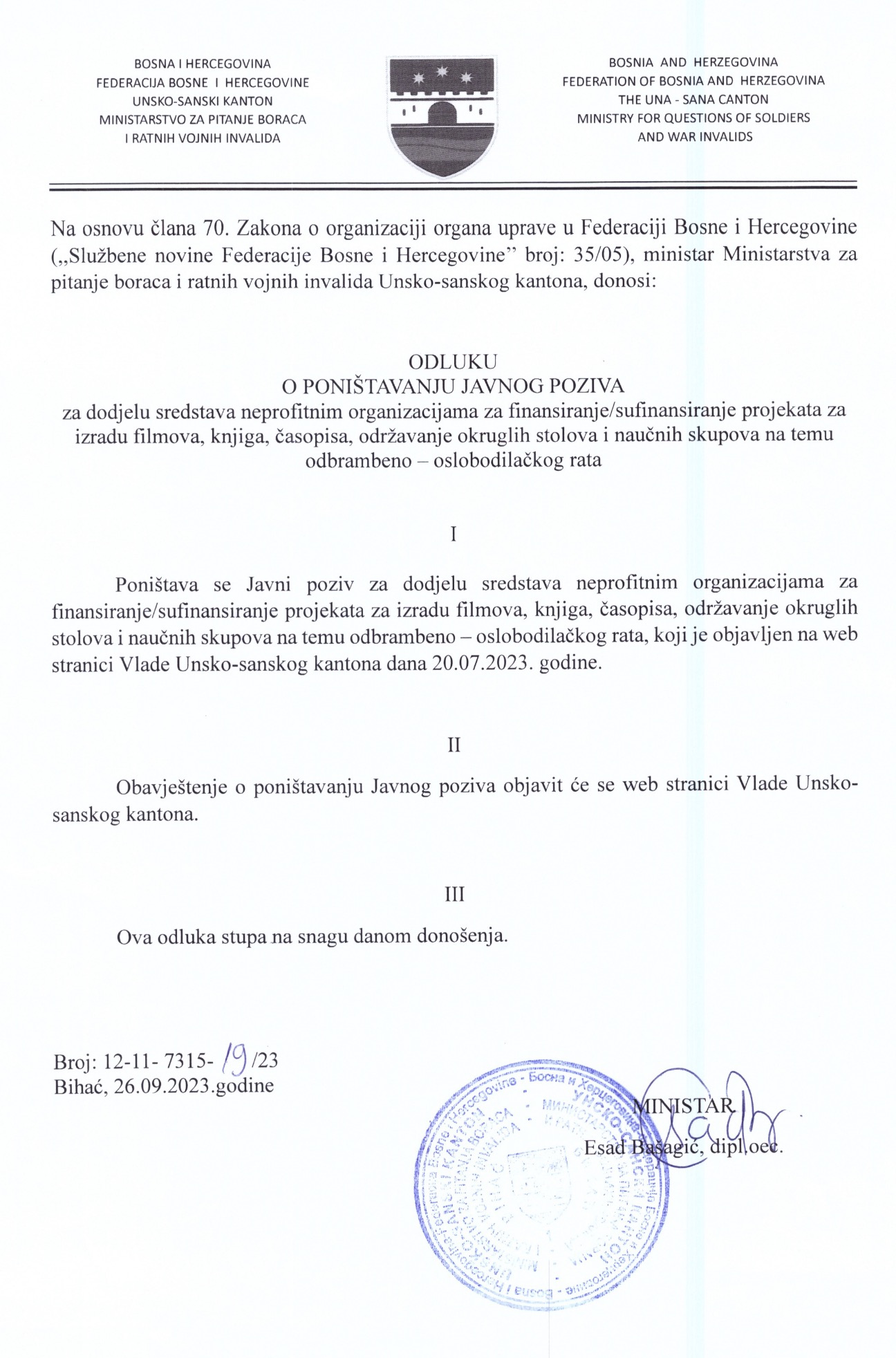 Poništava se Javni poziv za dodjelu sredstava neprofitnim ...