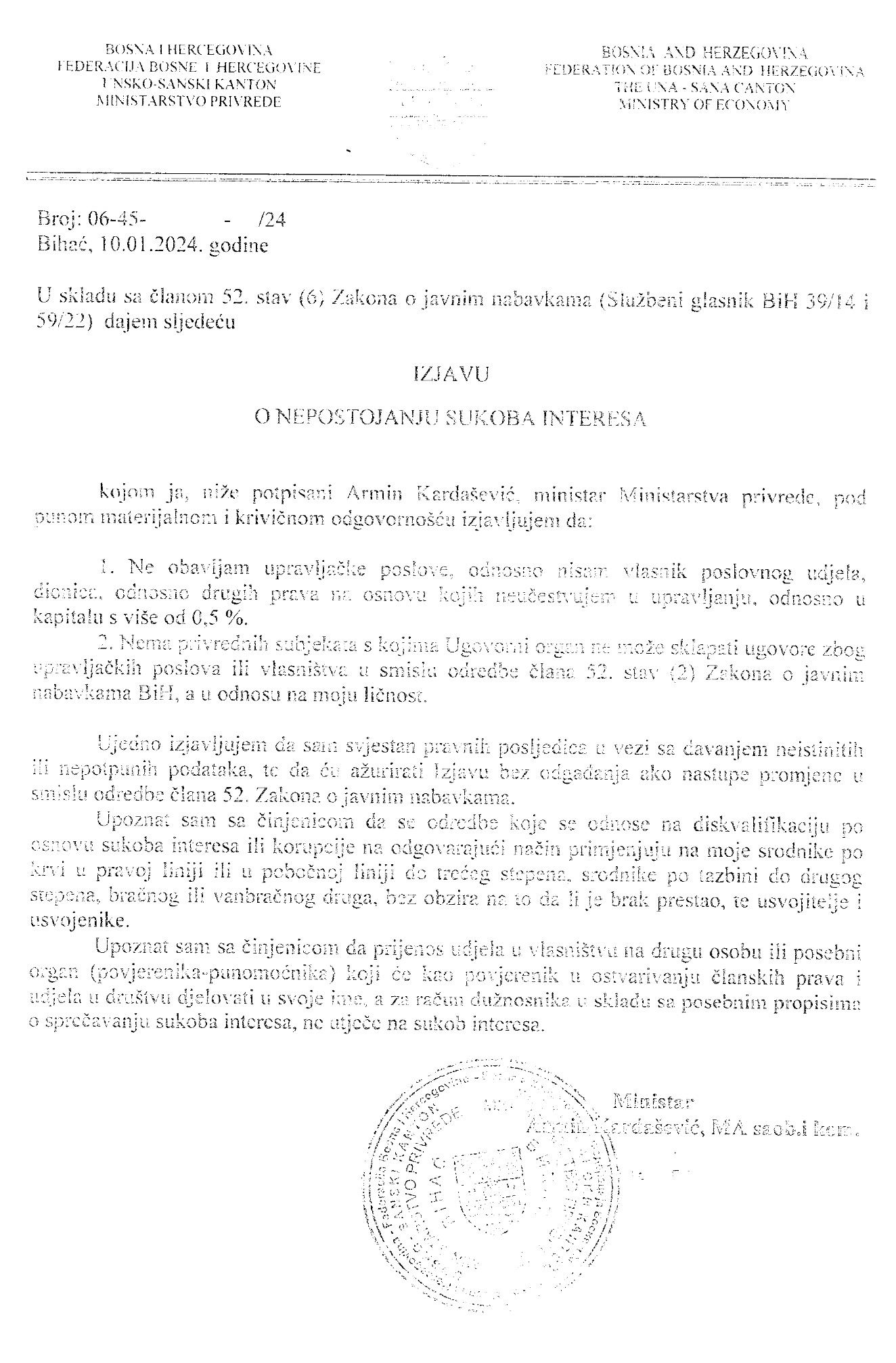 Izjava o nepostojanju sukoba interesa - VLADA USK